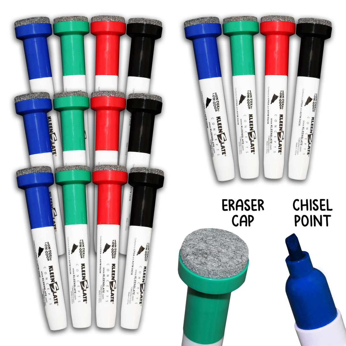 (12) Pack Large Color Dry Erase Markers with Eraser Cap, Chisel Point ...
